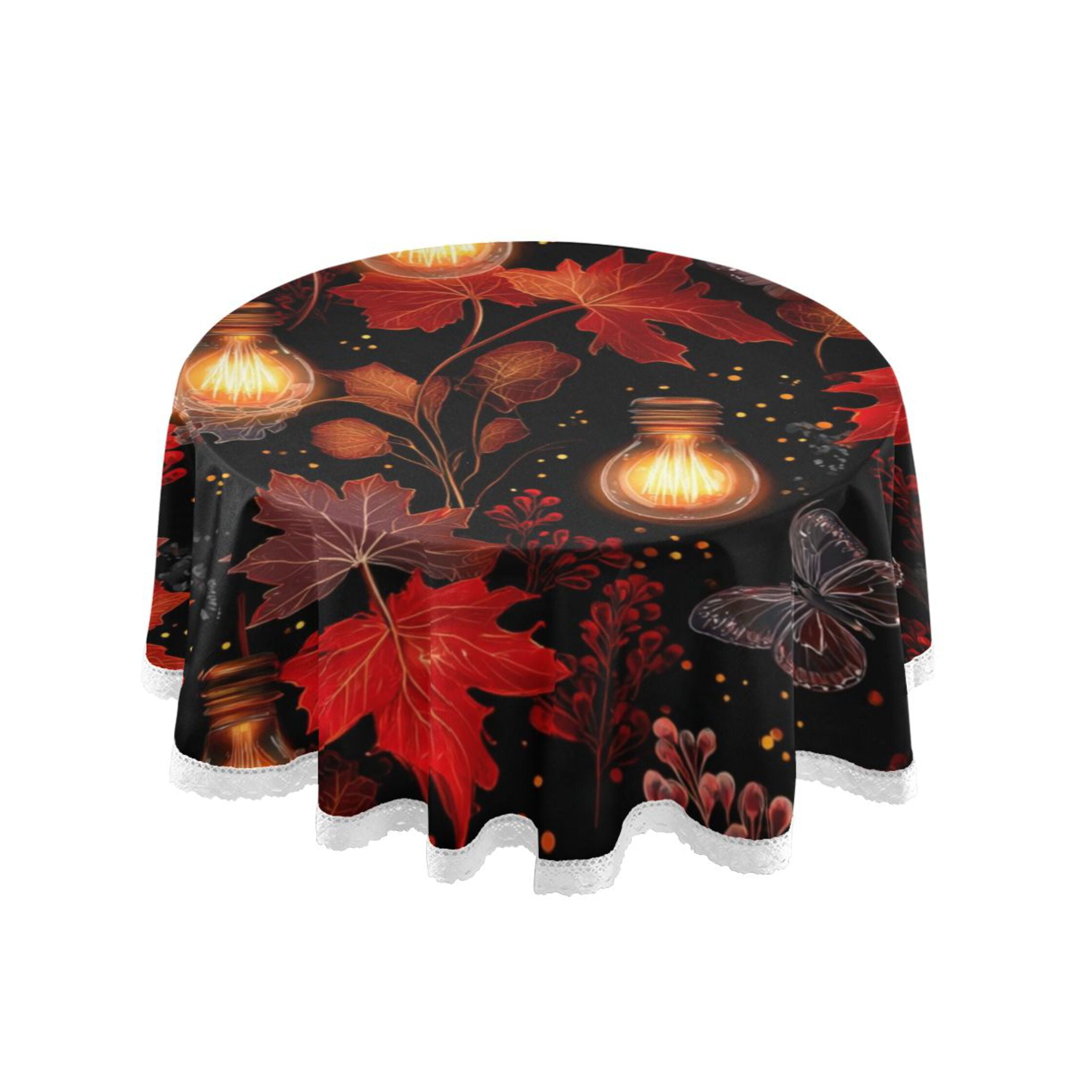 60 Inch Round Tablecloth with White Lace Trim Fall Table Cover for ...