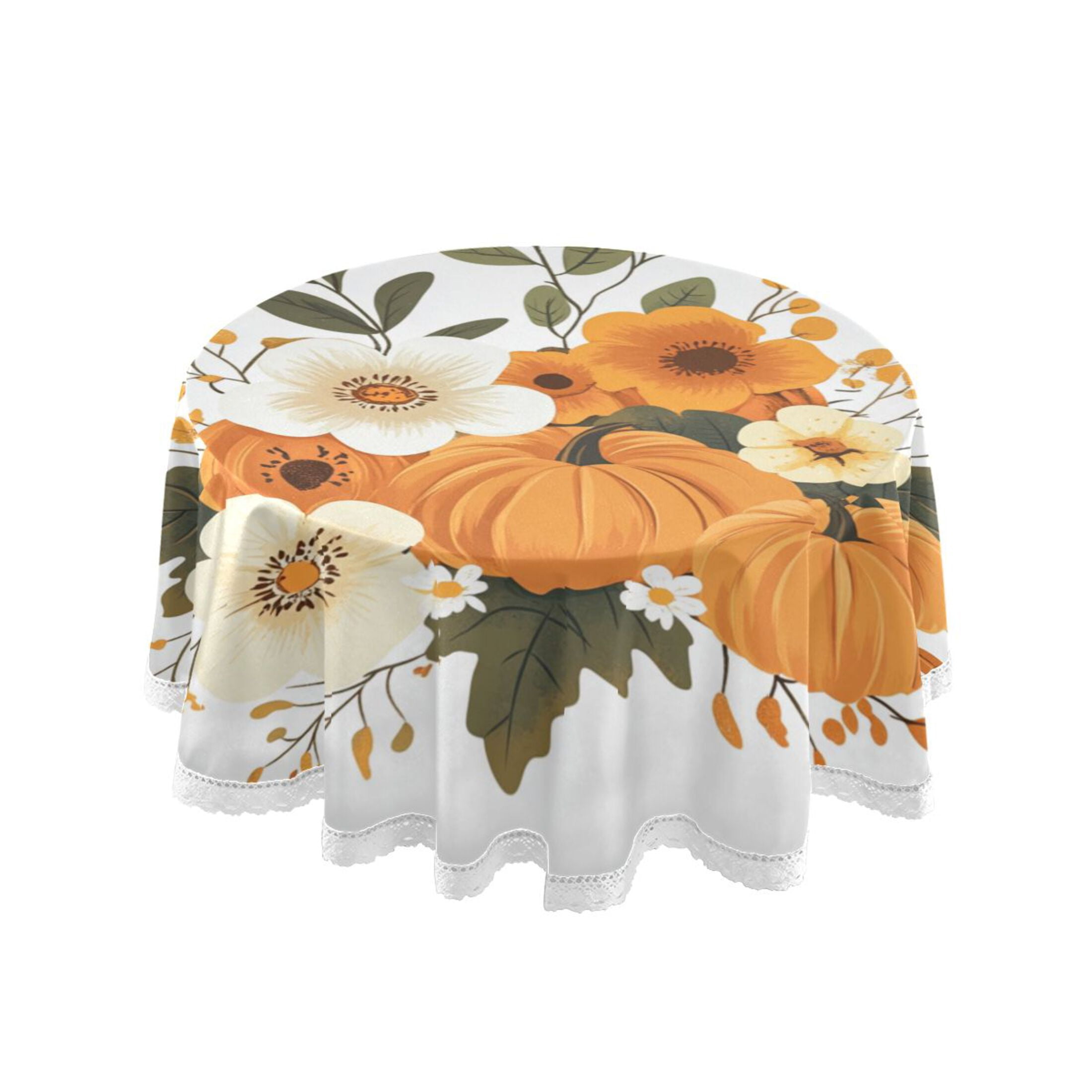 60 Inch Round Tablecloth with White Lace Trim Fall Table Cover for ...