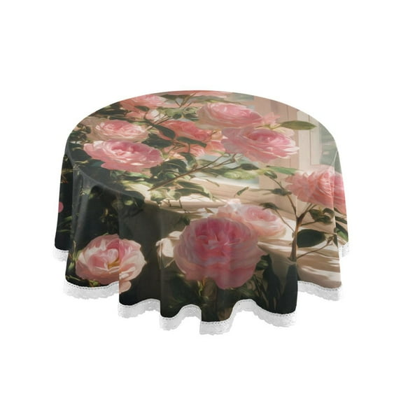 60 Inch Round Tablecloth with White Lace Trim Fall Table Cover for ...