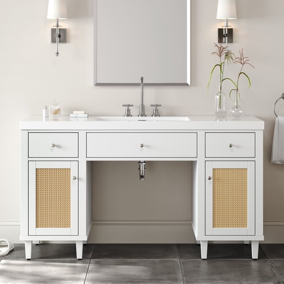60 Inch Single Sink Bathroom Vanity, White Freestanding Cabinet with ...