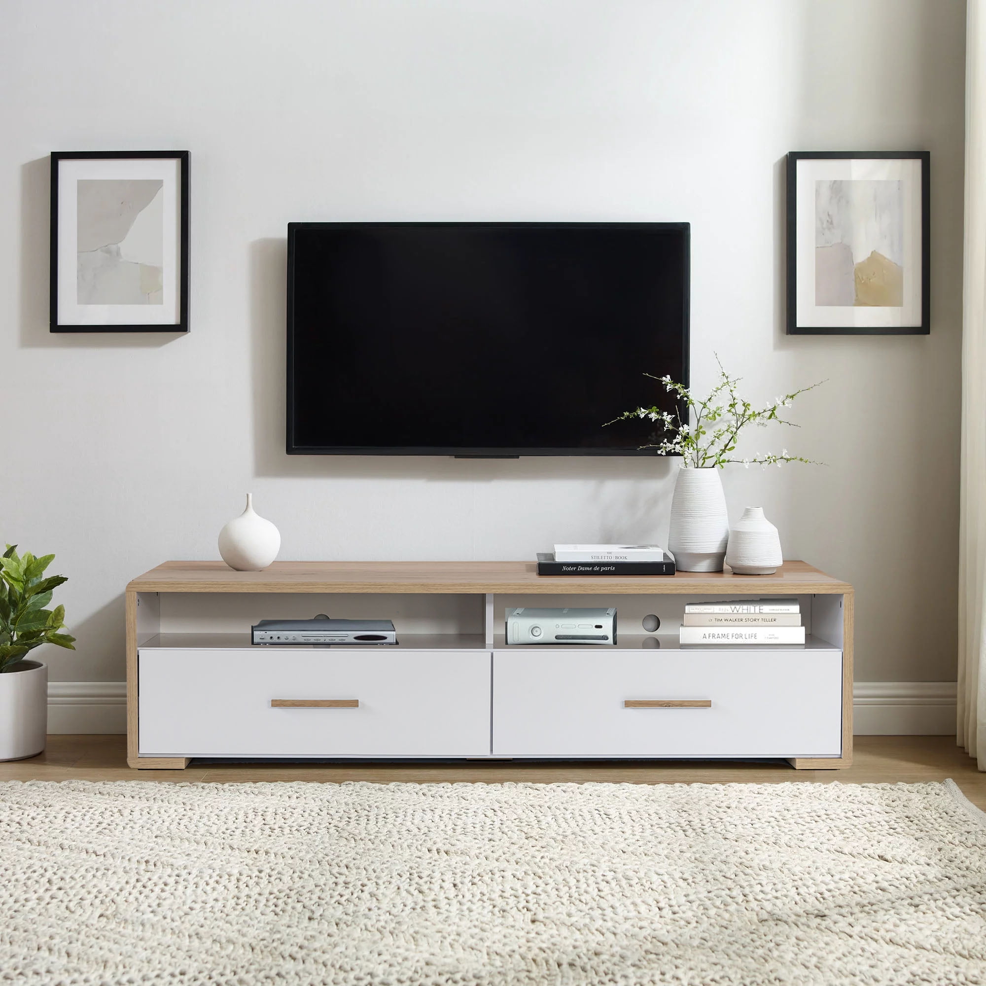 60" Inch TV Stand Console with Two Drawers 2 Compartments for Flat ...