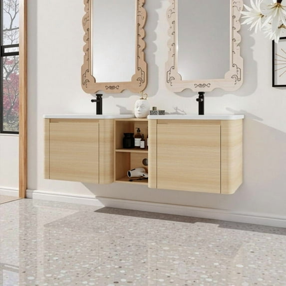 60 Inch Wall-Mounted Bathroom Vanity Set With Ceramic Sink Storage ...