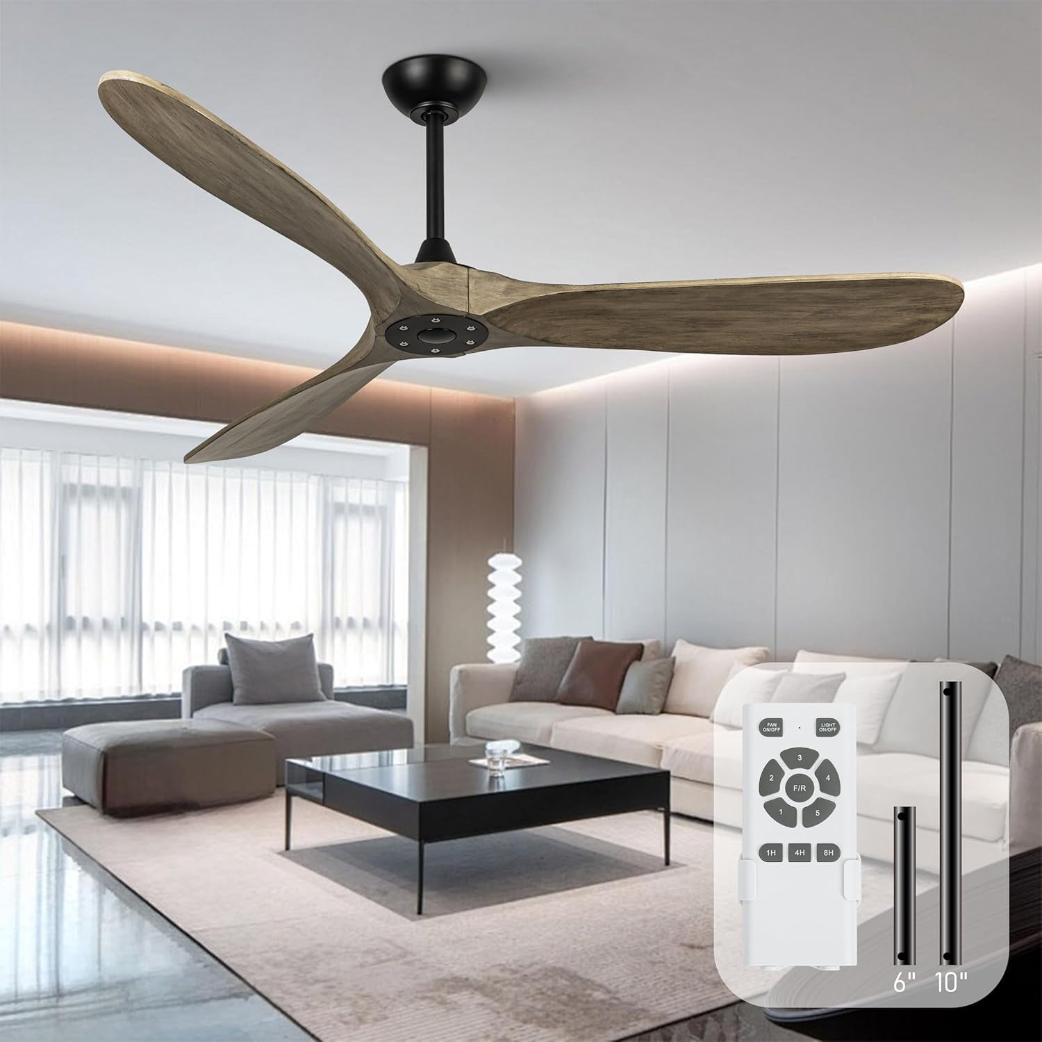 60 Inch Wood Ceiling Fan with Remote Control, Quiet Reversible DC Motor, 3 Blades, No Light, for ...