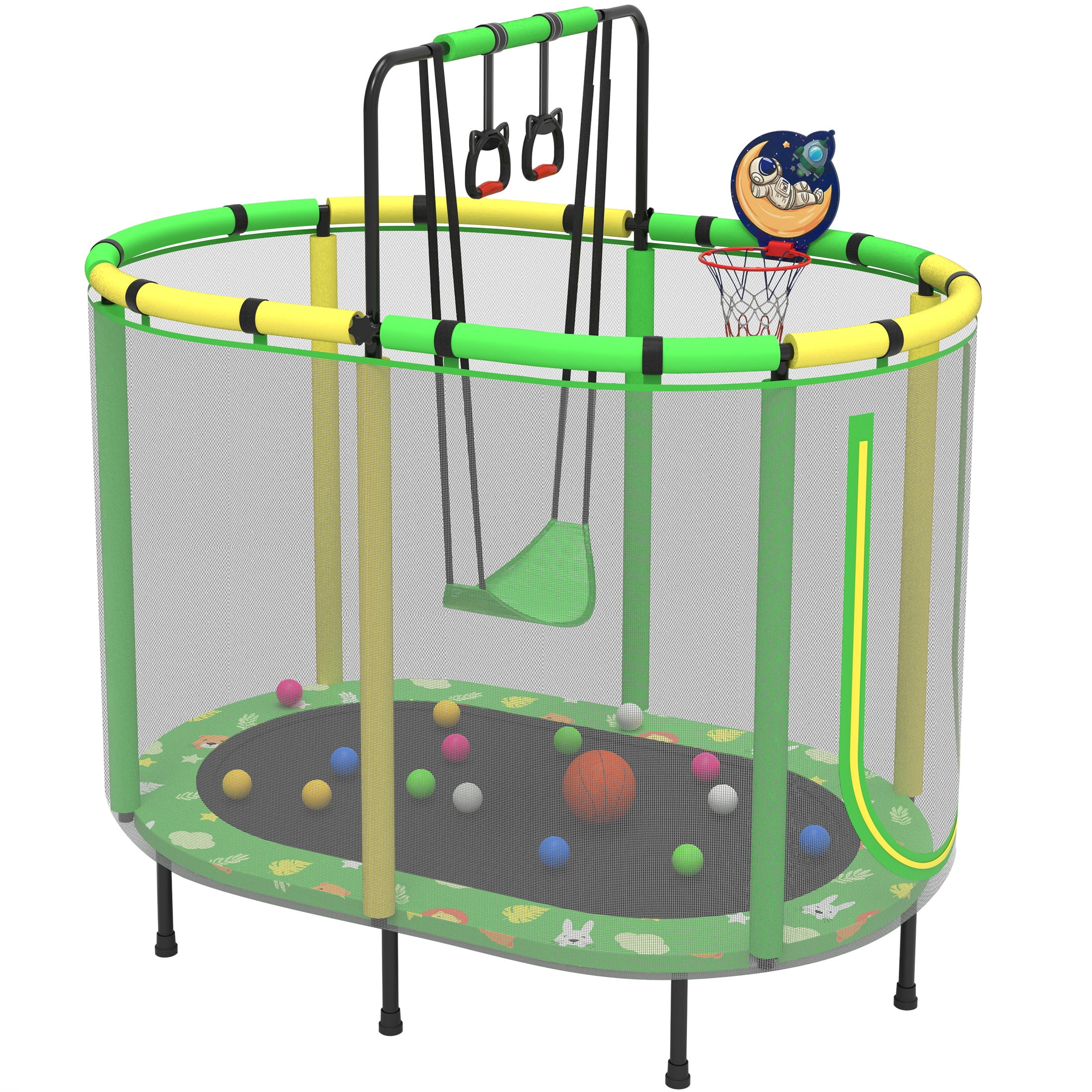 60" Kids Trampoline with Swing, Horizontal Bar, SEGMART 4-in-1 Oval ...
