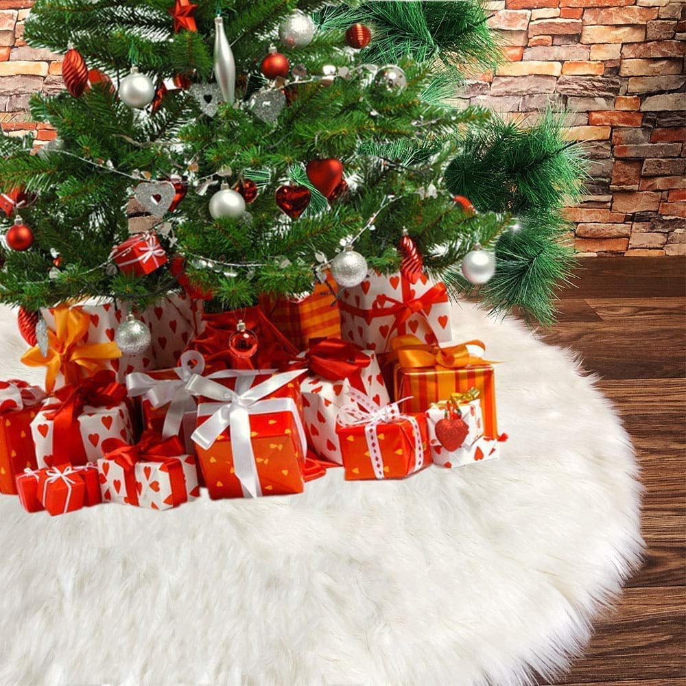 60 in White Faux Fur Christmas Tree Skirt, Durable Xmas Tree Mat for ...