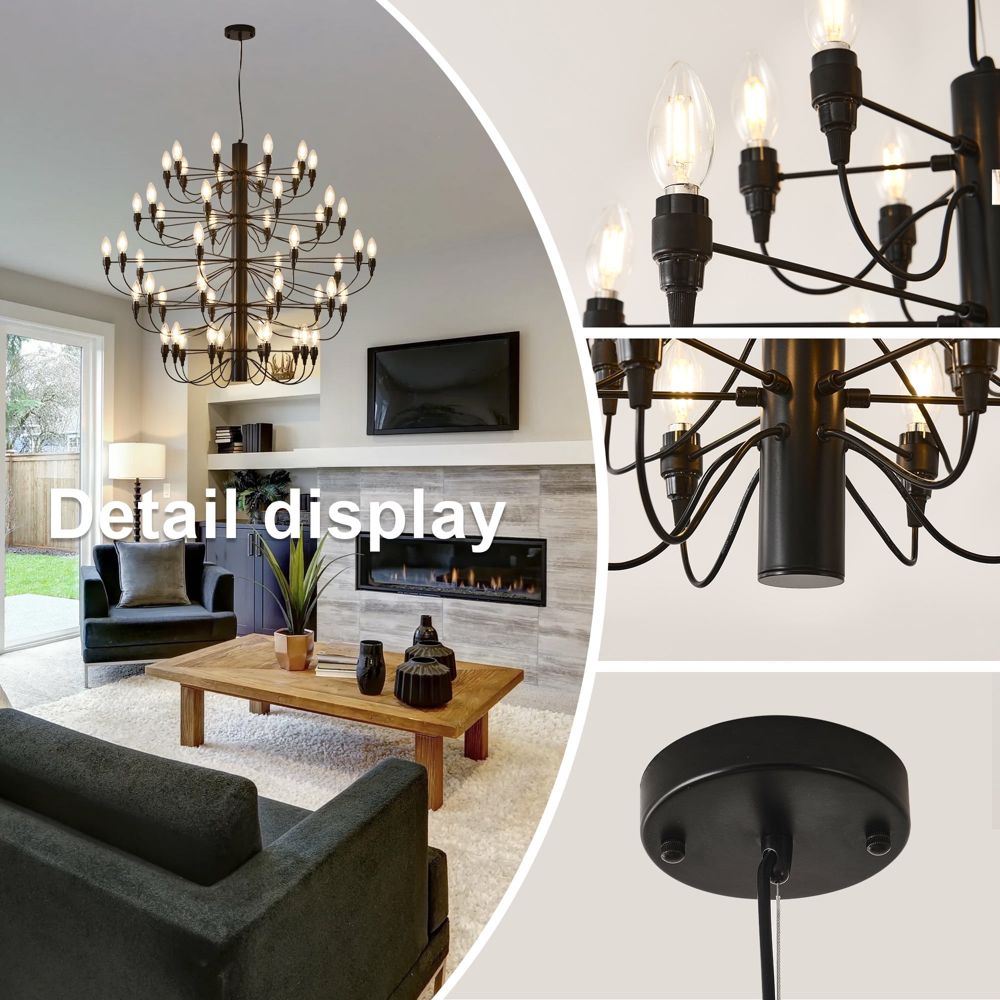 60-Light Black Modern Farmhouse Chandelier - Adjustable Hanging Rustic ...