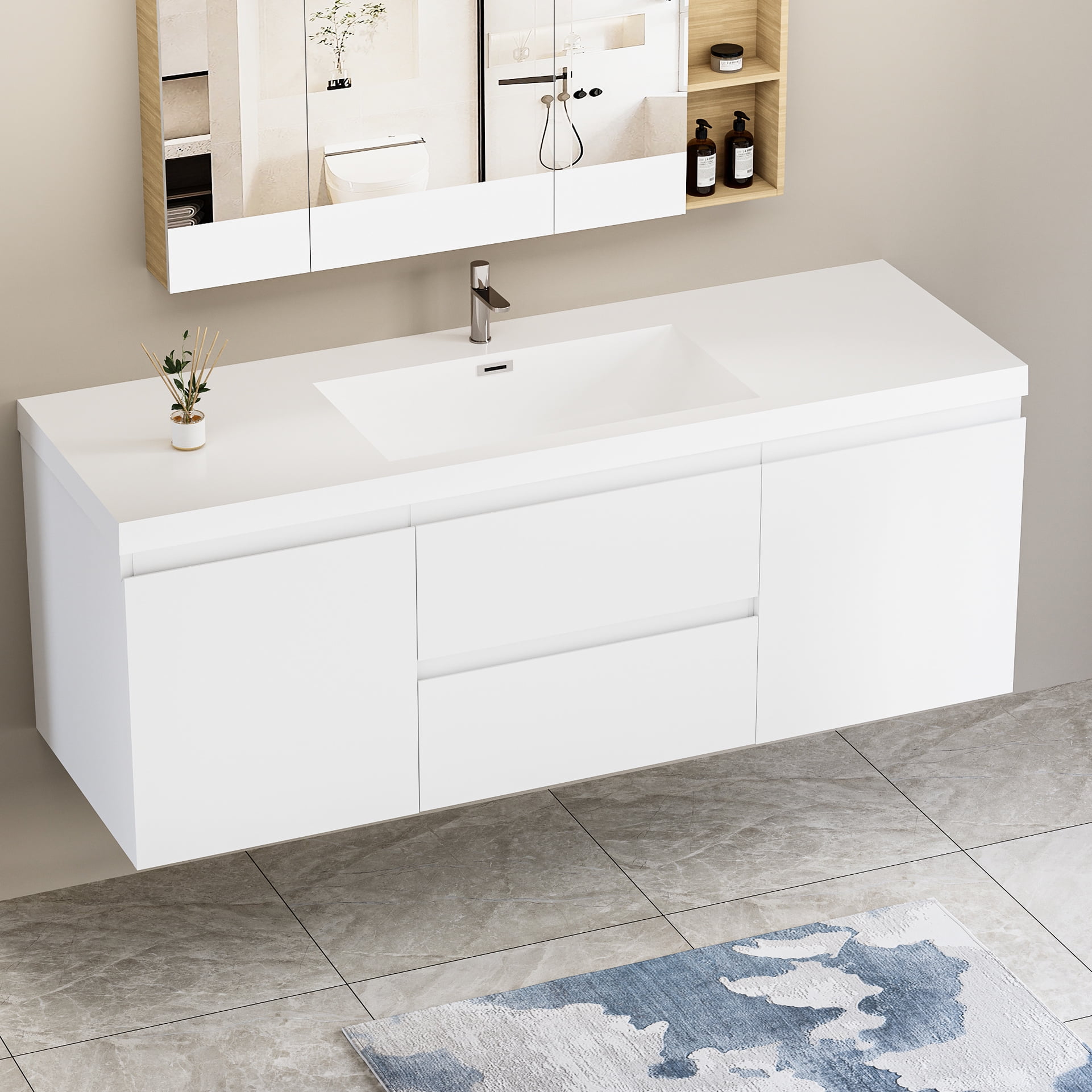 60" Modern Bathroom Vanity With Sink, Resin Basin, Drawers, Glossy ...