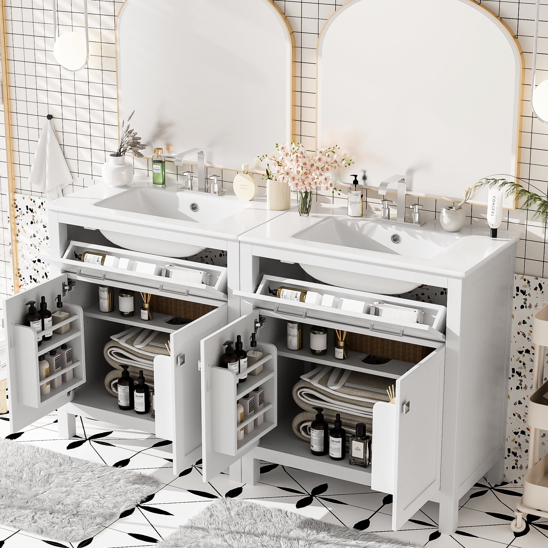 60" Modern Bathroom Vanity With U-shaped Shelf & Ceramic Sinks Storage ...