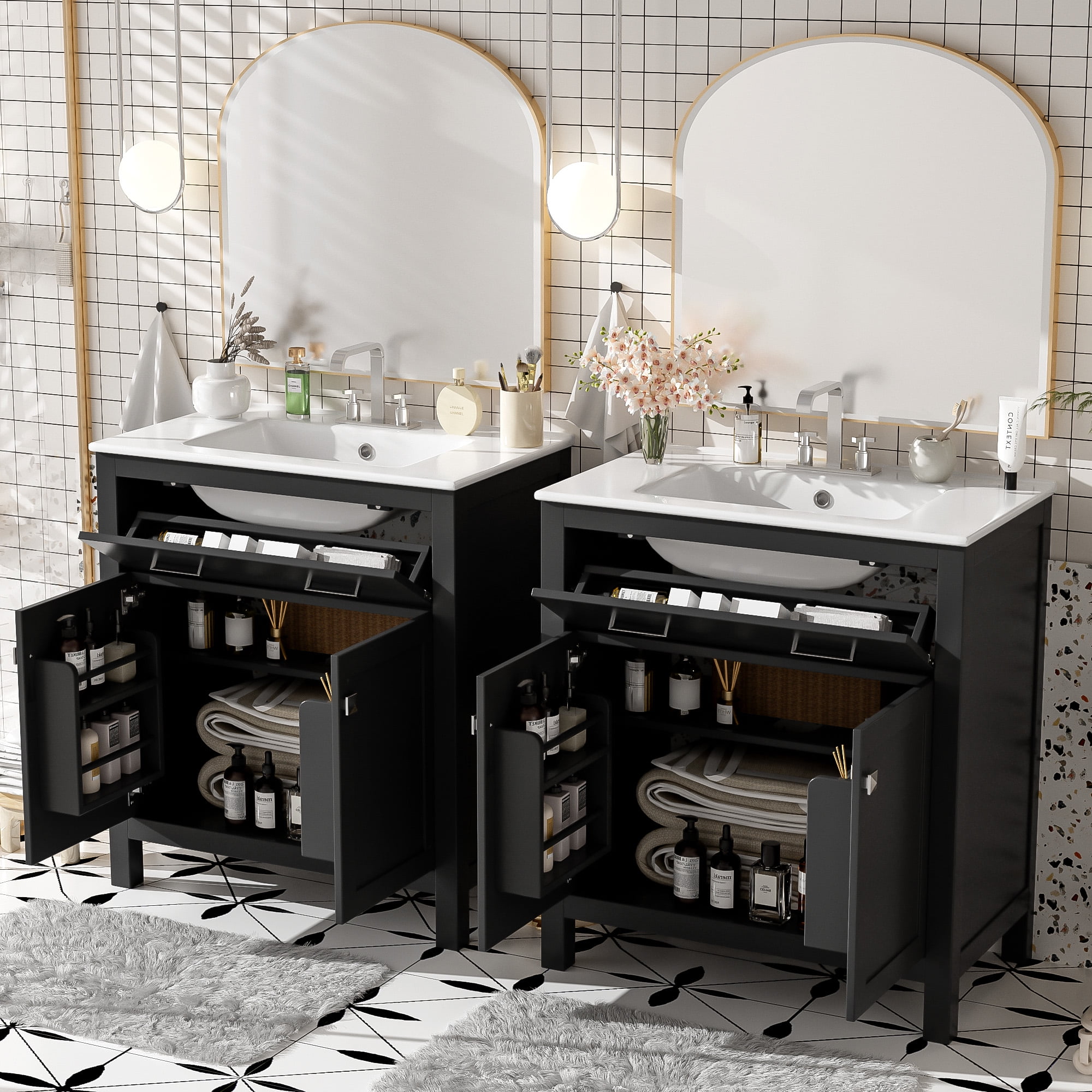 60"Modern Black Bathroom Vanity Set w/Double Vanities(Separate)Double ...