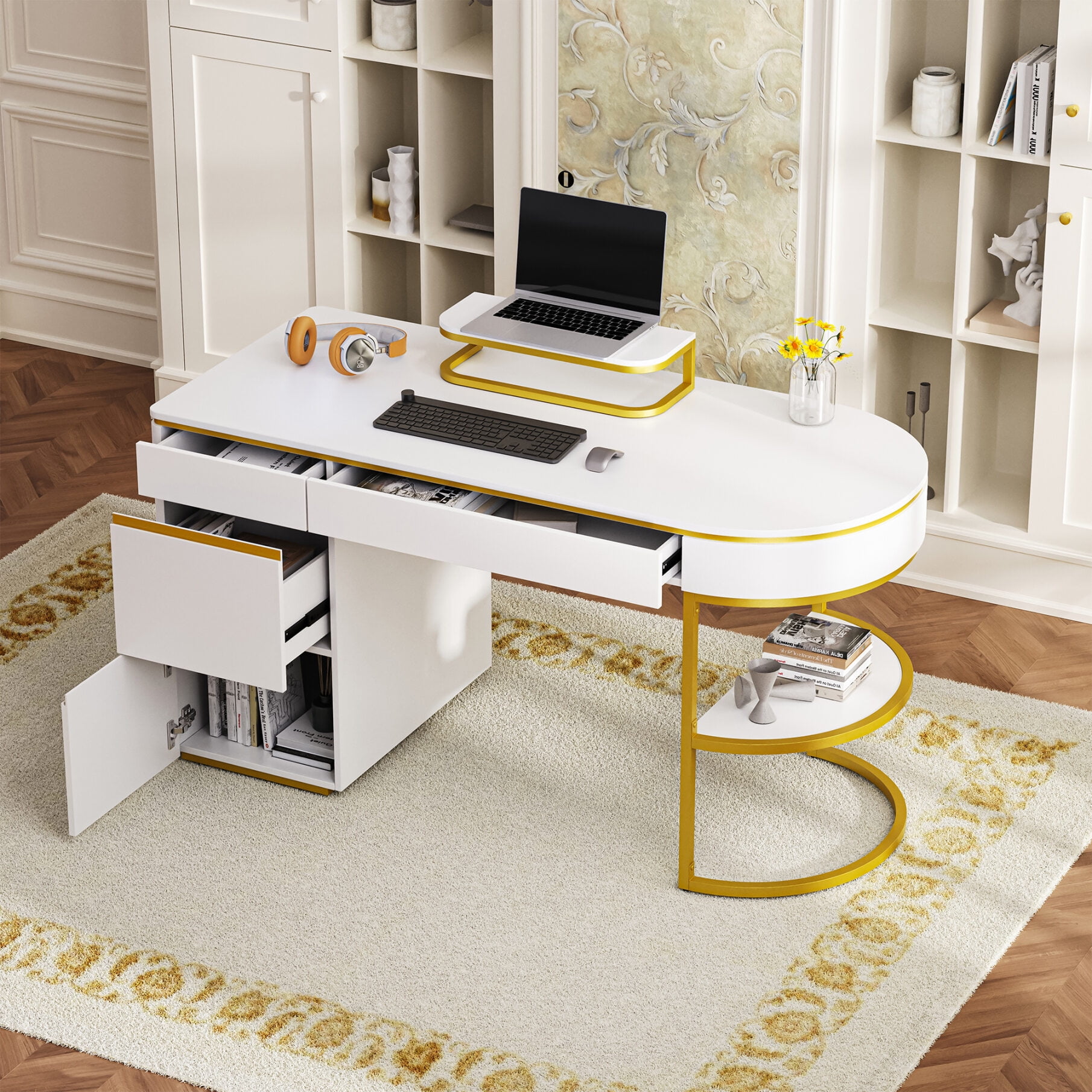 60'' Modern Executive Desk, White Curved Computer Desk with Monitor ...