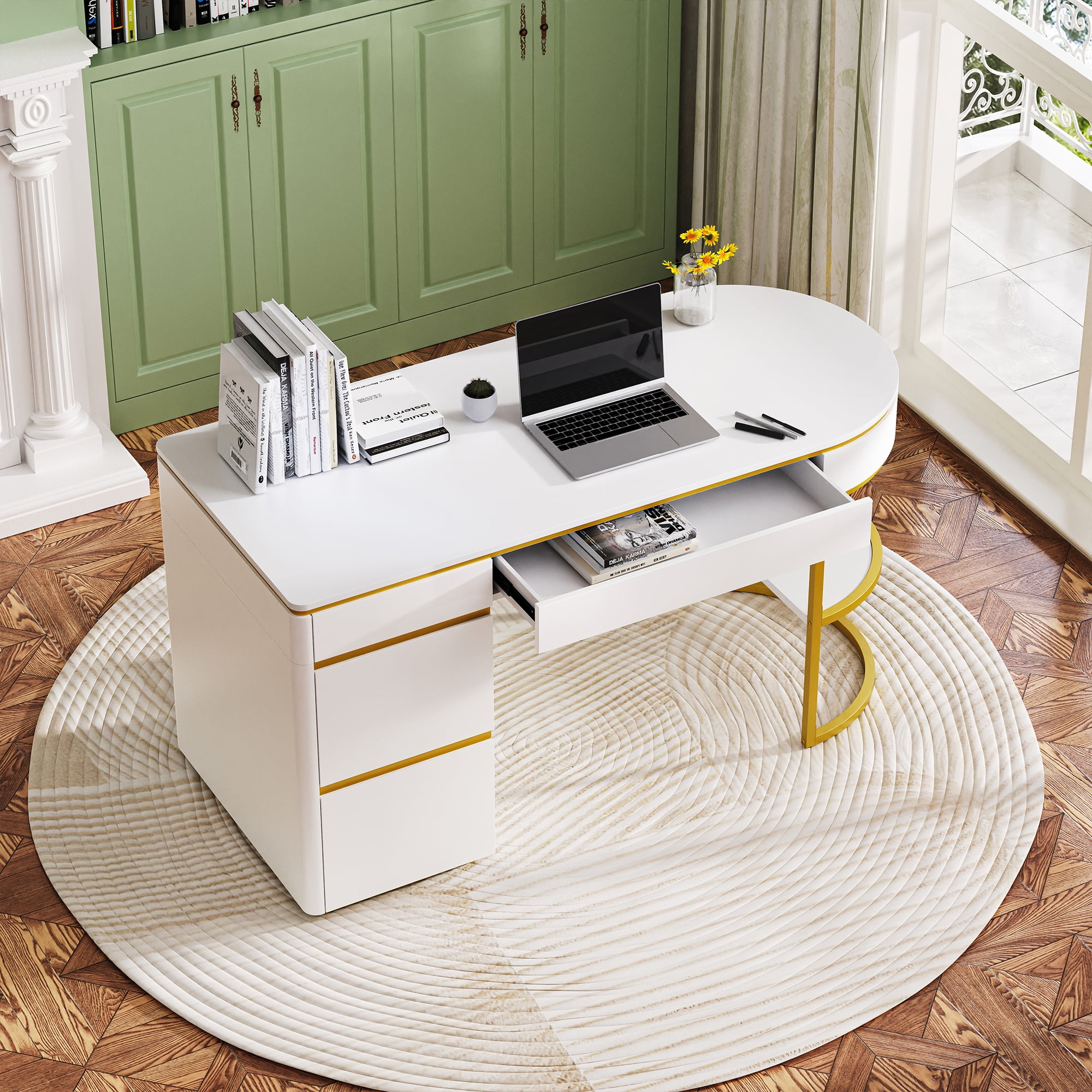 60''Modern Executive Desk,White Curved Computer Desk With Gold Metal ...