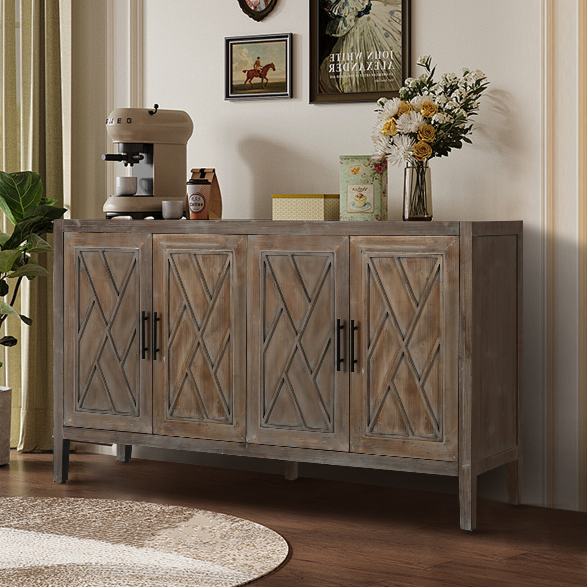 60" Modern Farmhouse 4-Door Accent Cabinet with Adjustable Shelves ...
