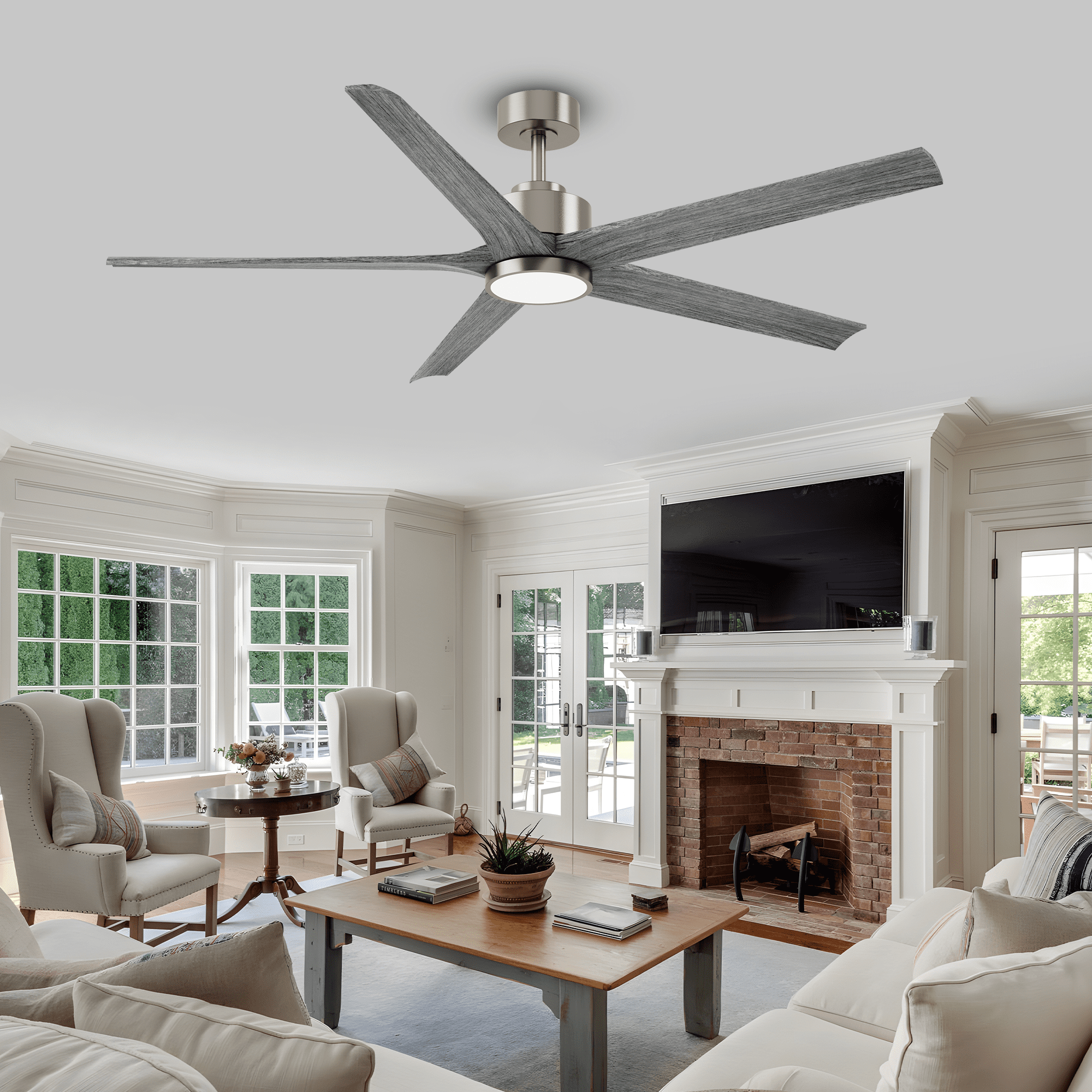 60" Modern Gray Ceilig Fan with Light Remote, Damp Rated 5 Blades Wood ...