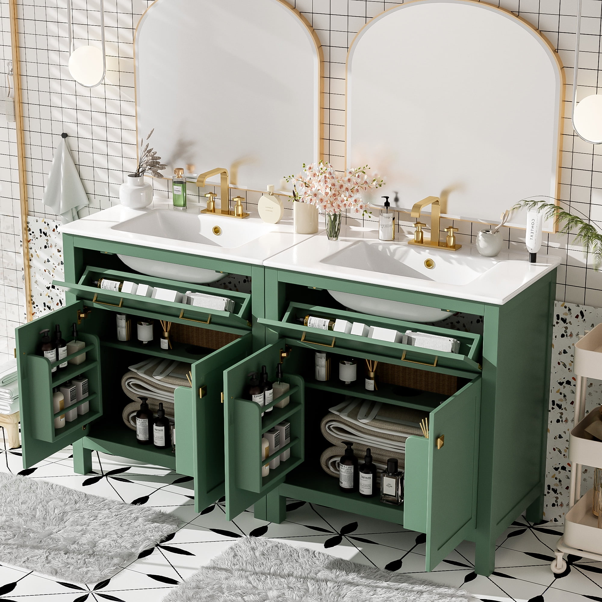 60" Modern Green Bathroom Vanity Set with Double Vanities (Separate ...