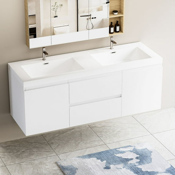 60" Modern Wall-Mounted Bathroom Vanity, Double Resin Sinks, 2 Drawers ...