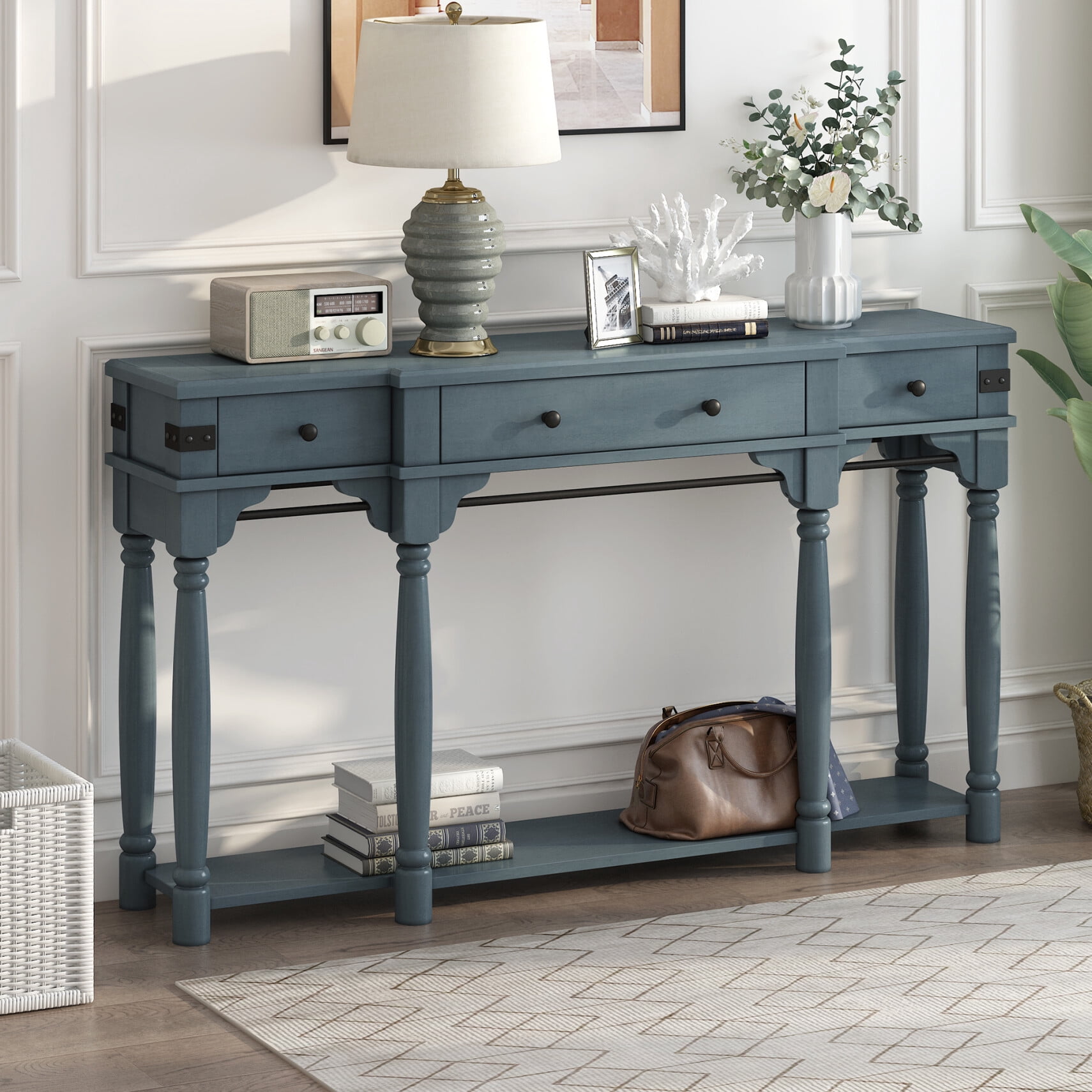 60" Narrow Long Console Table with 3 Storage Drawers and Bottom Shelf ...