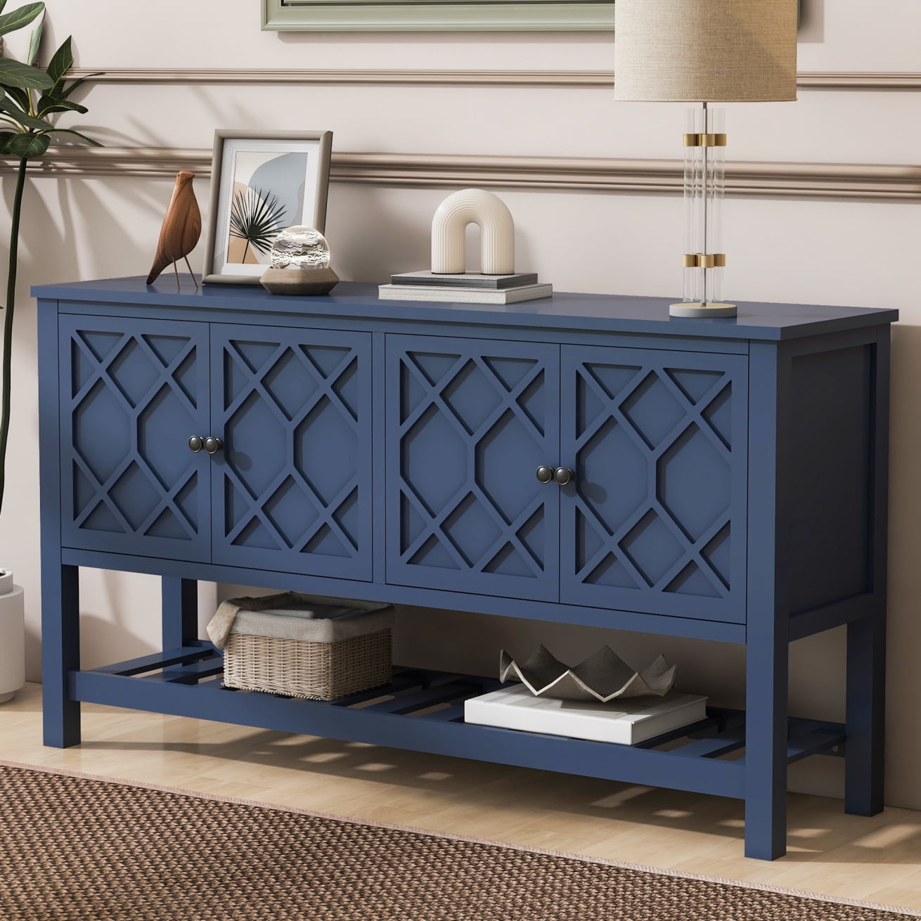 60" Navy Blue Entryway Table with Geometric Doors, Narrow Sofa Console ...