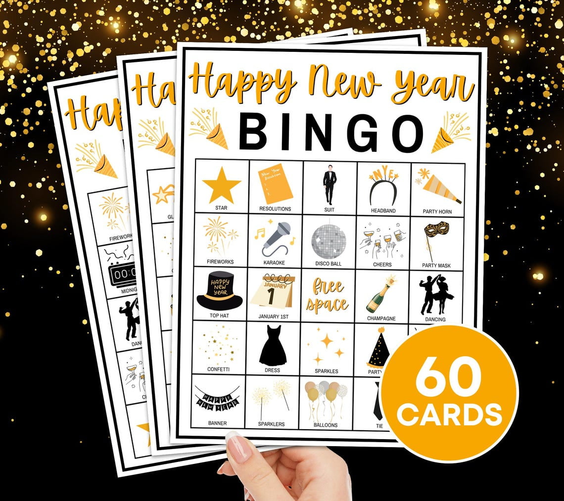 60 New Years Bingo Cards Printable Game, New Years Eve Bingo Boards ...