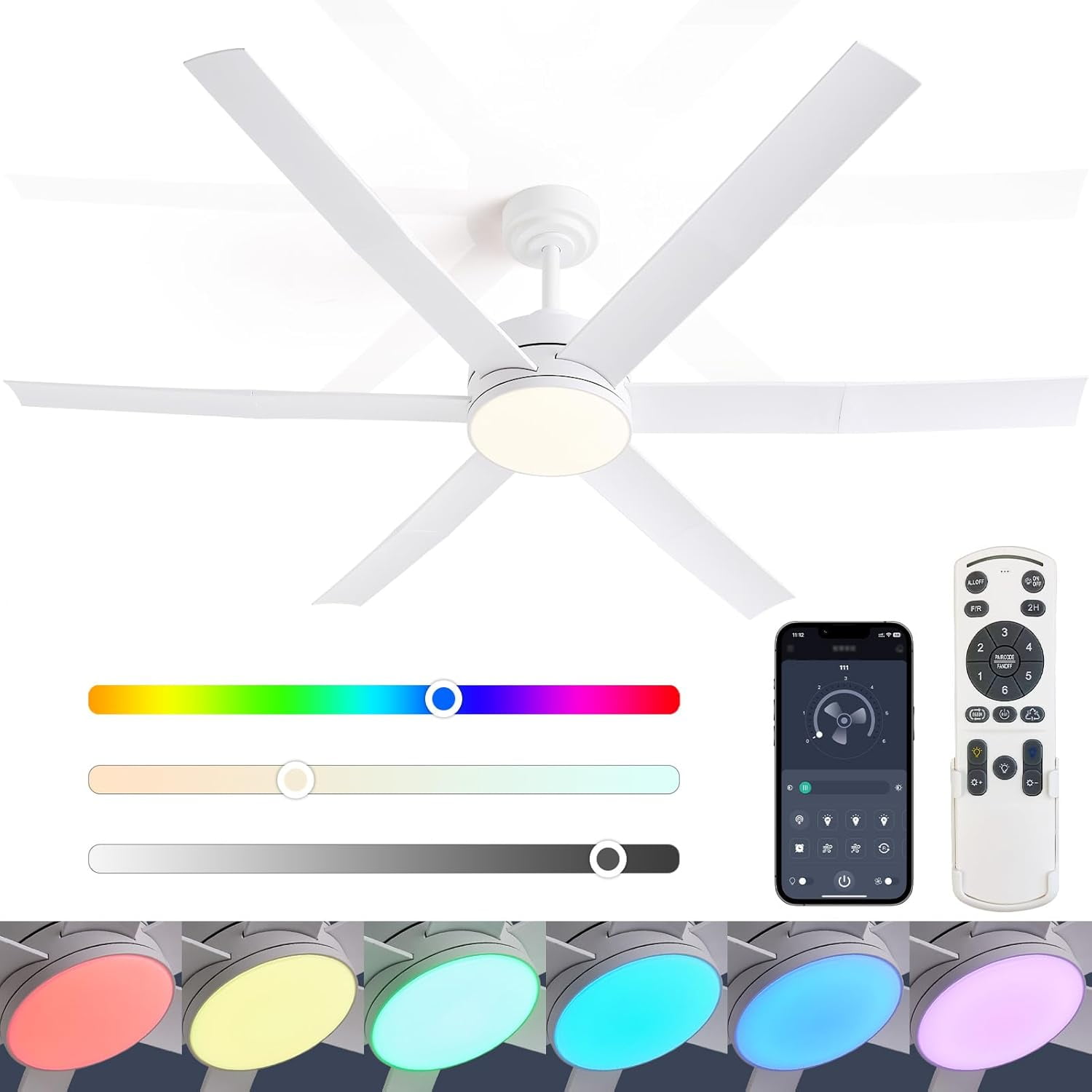 60" Outdoor Ceiling Fan with Dimmable LED Light, RGB Color Changing ...