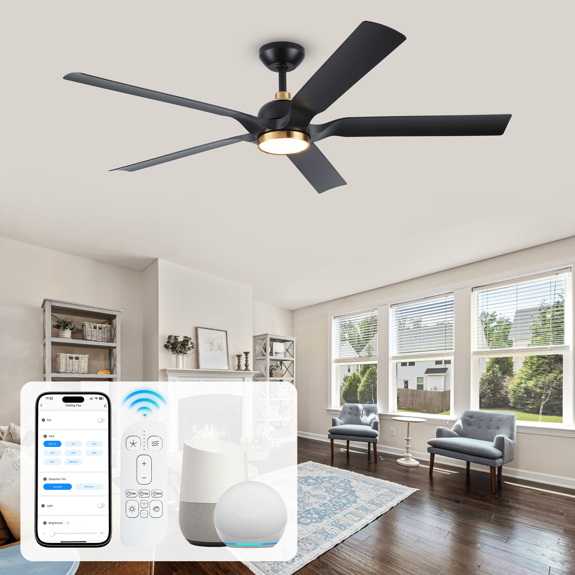 60" Outdoor Ceiling Fans with Light and Remote Control, Modern Black ...