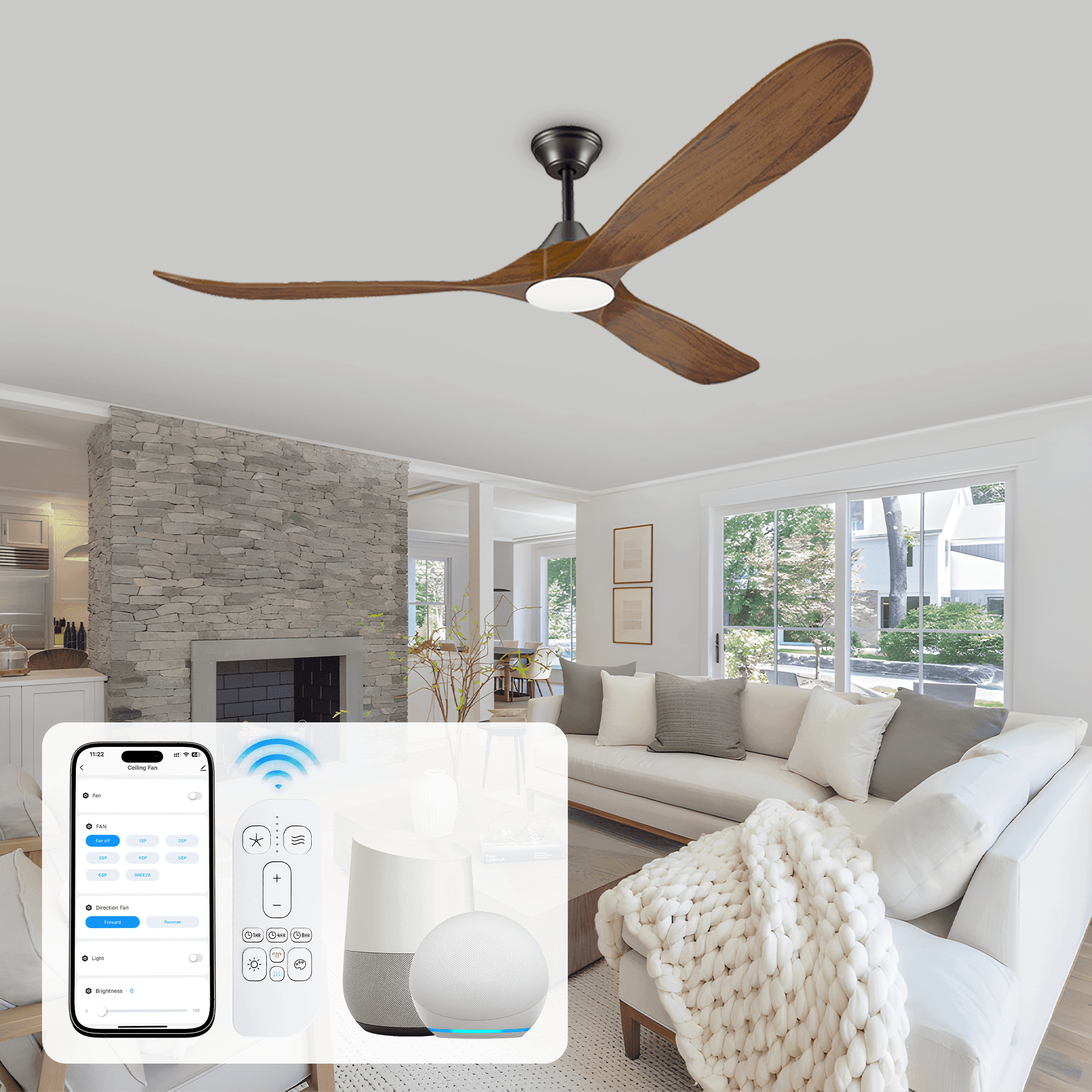 60" Outdoor Ceiling Fans for Patios with Lights, 3 Blades Wood ...