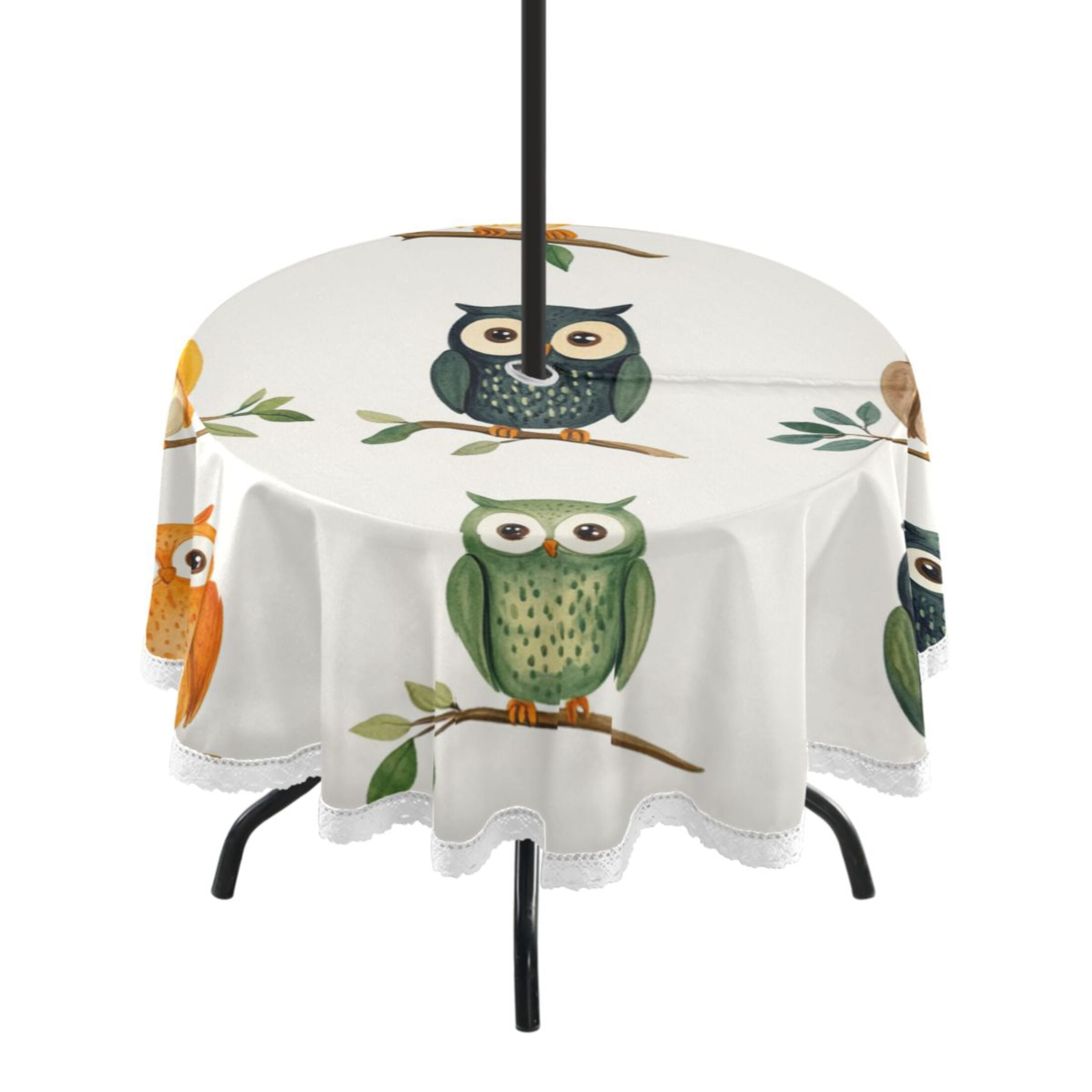 60" Outdoor Round Tablecloth with Umbrella Hole & White Lace Trim ...