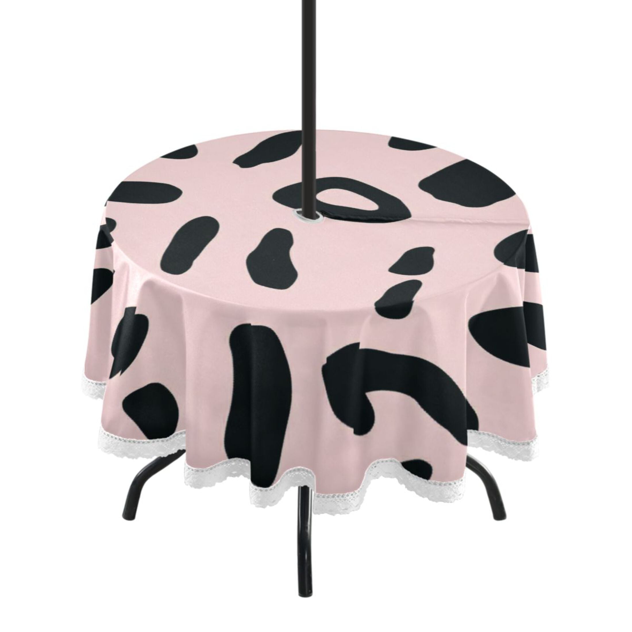 60" Outdoor Round Tablecloth with Umbrella Hole & White Lace Trim ...