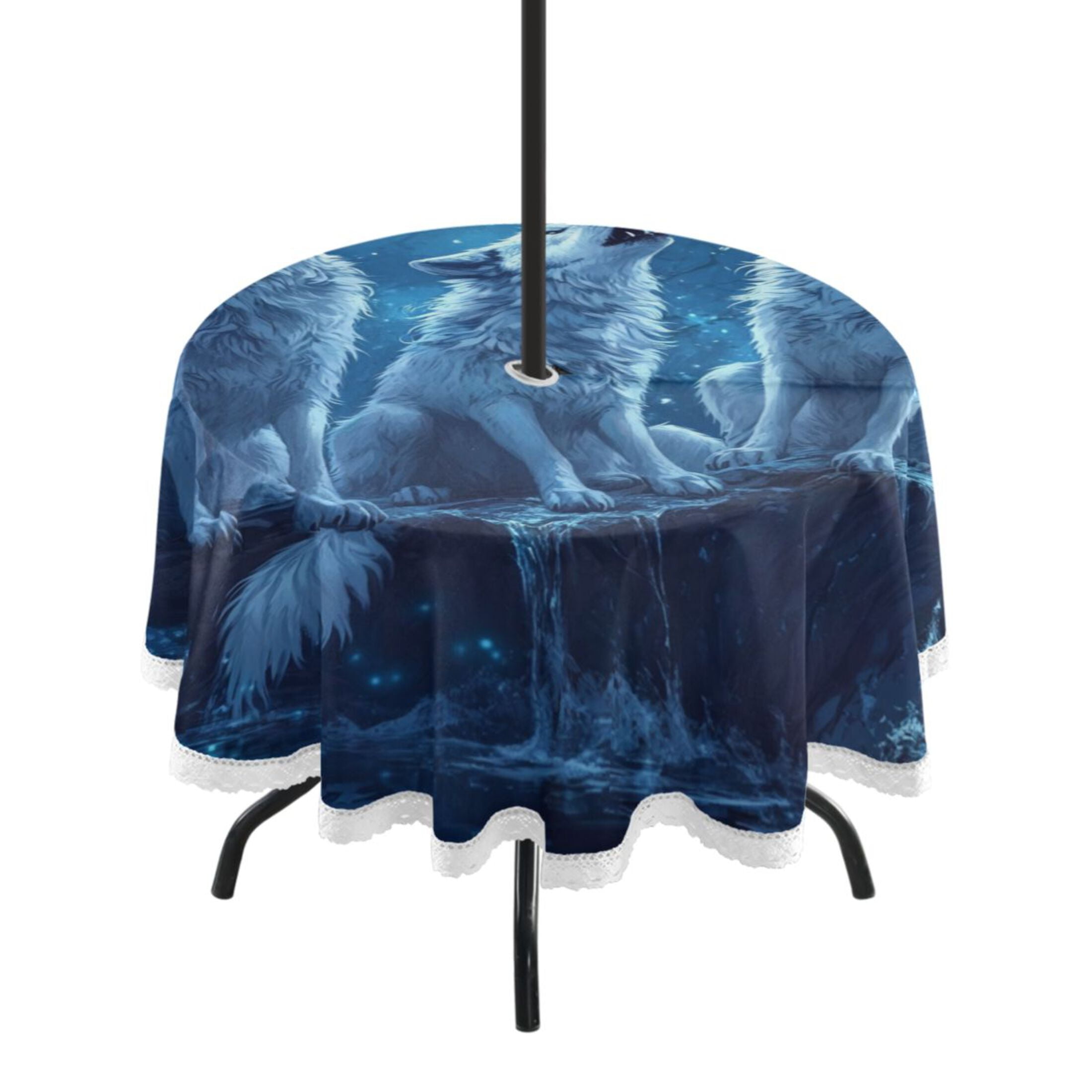 60" Outdoor Round Tablecloth with Umbrella Hole & White Lace Trim Waterproof Patio Table Cover ...