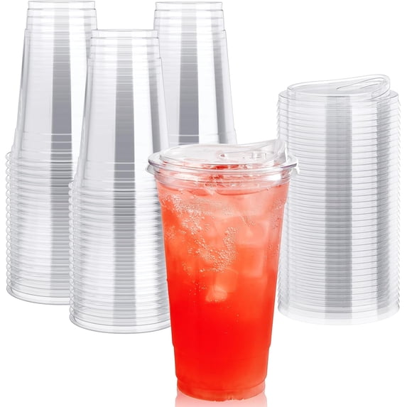 60 PACK 24 oz Clear Plastic Cups With Strawless Sip Through Lids ...