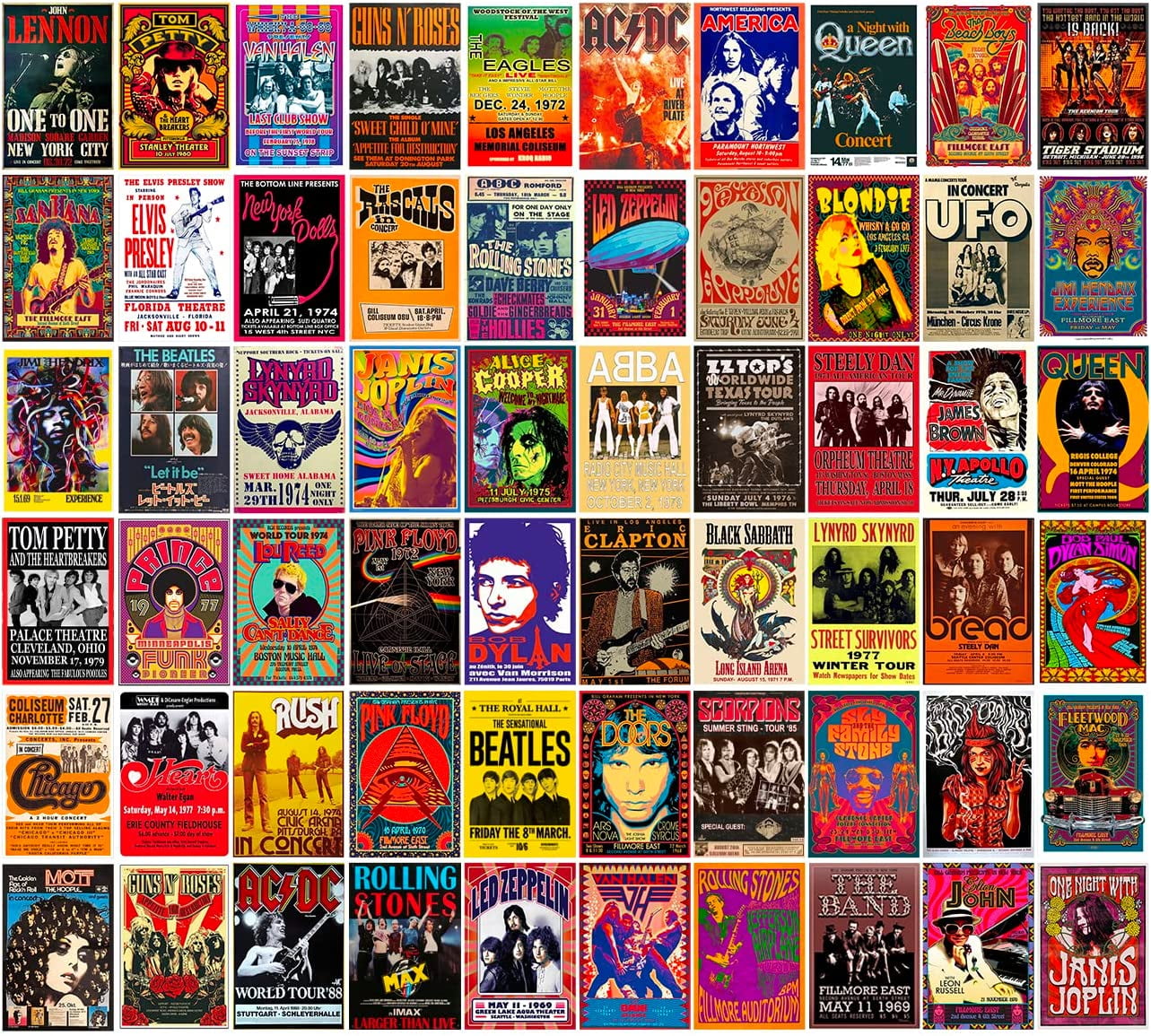 60 PC Vintage Rock Band Posters, 70s 80s 90s Retro Concert Prints ...