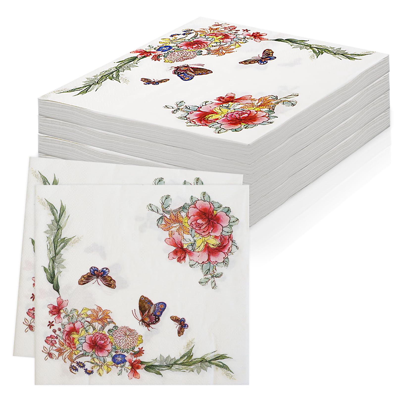 60 PCS Floral Paper Napkins, 33cm X 33cm Colorful Butterfly Flowers ...