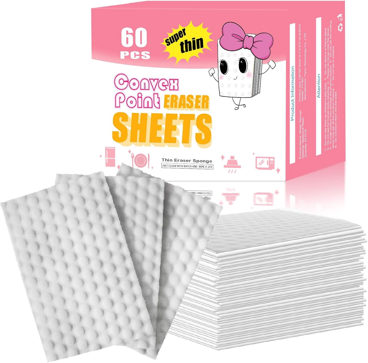 60 PCS Magic Cleaning Sponge Eraser Sheets, Reusable Upgrade Convex ...