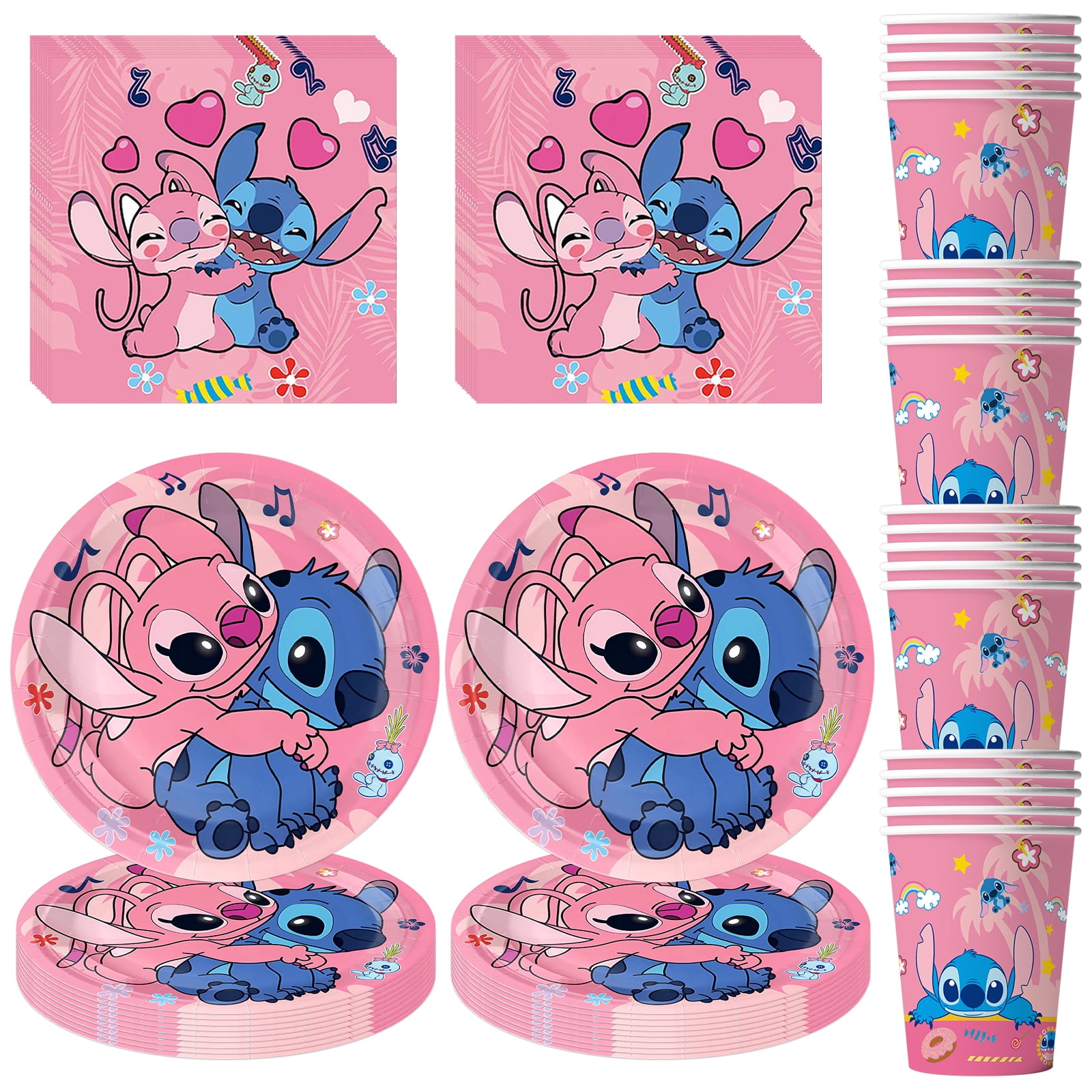 60 PCS Pink Stitch Birthday Decorations Tableware Set, Pink Stitch ...