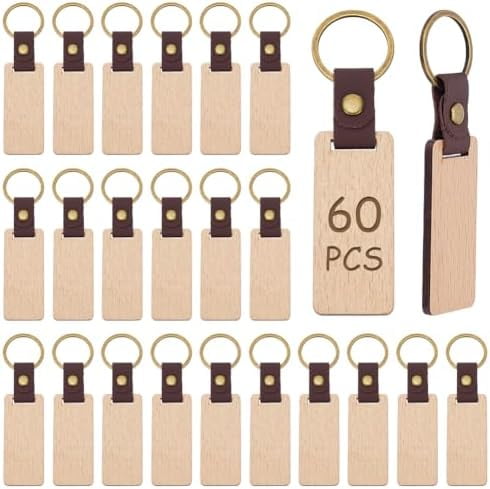 60 PCS Wooden Keychain Blanks Rectangle Beech Wood Key Chain with ...