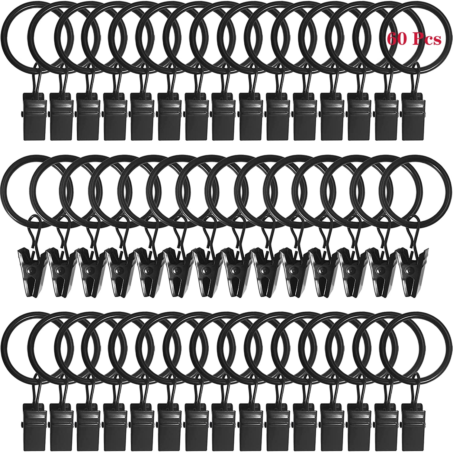 HOZHANI 60 Pack Black Window Curtain Rings with Clips Rustproof Metal ...
