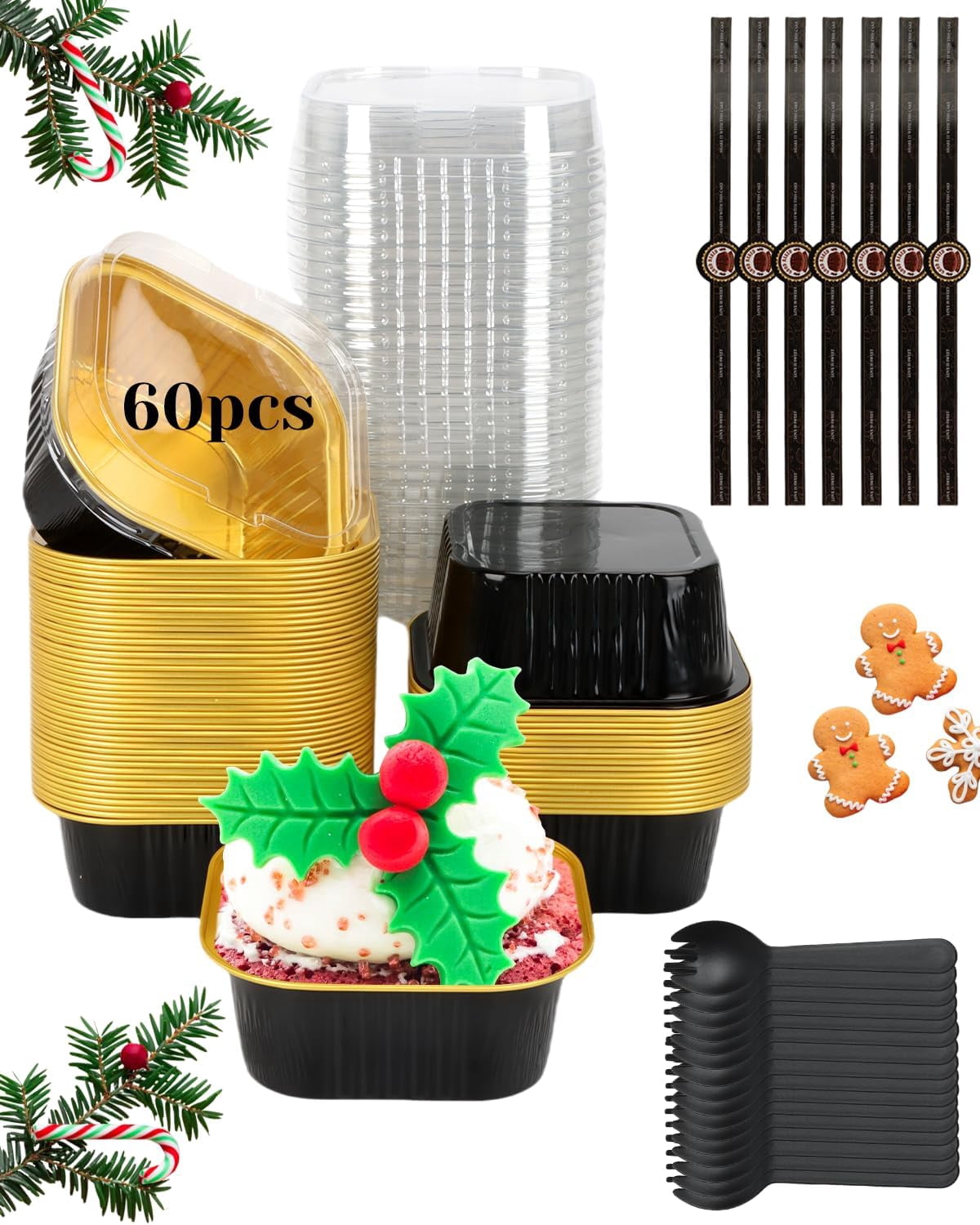 60 Pack 10oz Mini Cake Pans with Lids, Spoons, Stickers - Disposable ...