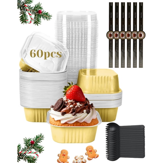 60 Pack 10oz Mini Cake Pans with Lids, Spoons, Stickers - Disposable ...