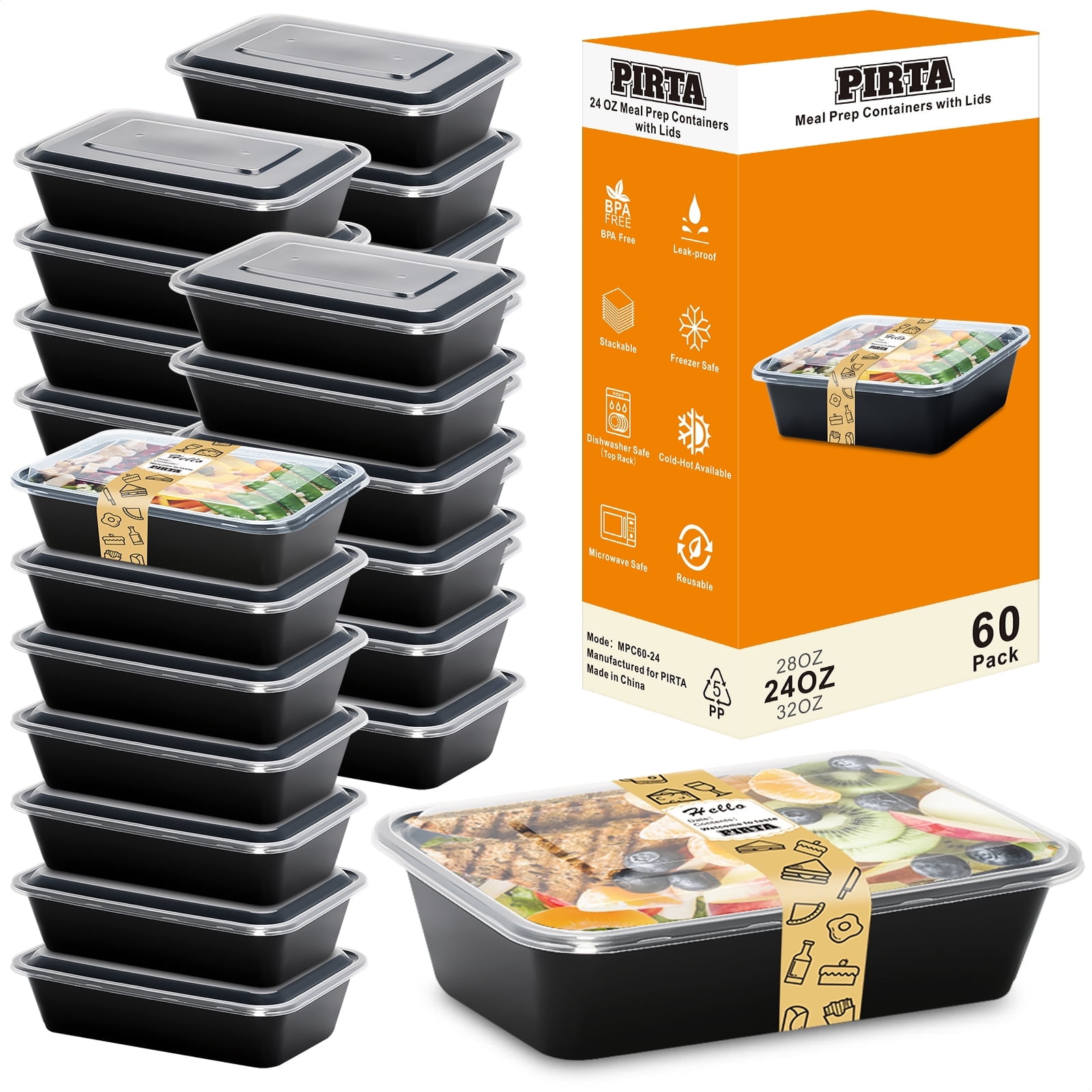 60 Pack 24 oz Meal Prep Containers Reusable with Lids, Plastic Food ...