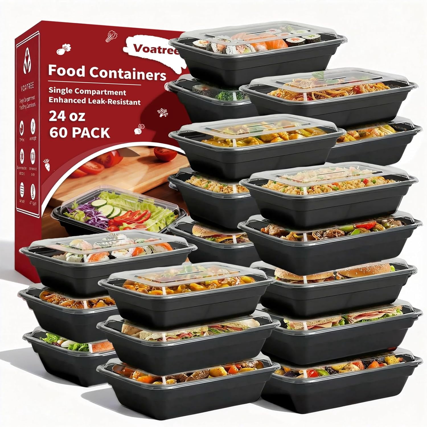 60 Pack 24oz Meal Prep Containers Reusable, Plastic Food Storage ...