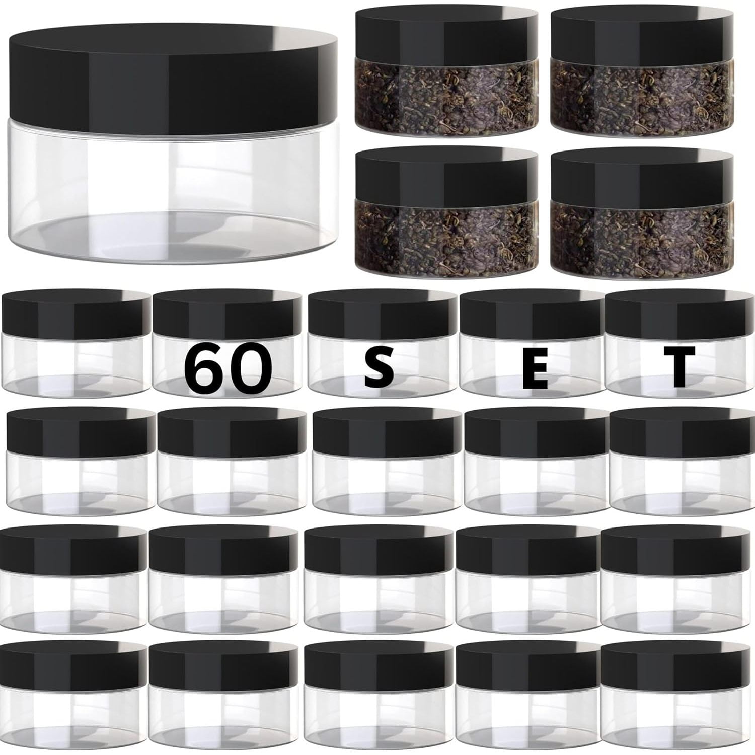 60 Pack 2oz Plastic Jars with Black Lids BPA Free Small 60 gram Jar ...