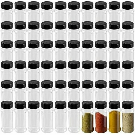 60 Pack 3.5oz Clear Plastic Spice Jars with Black Shaker Lids, Plastic ...