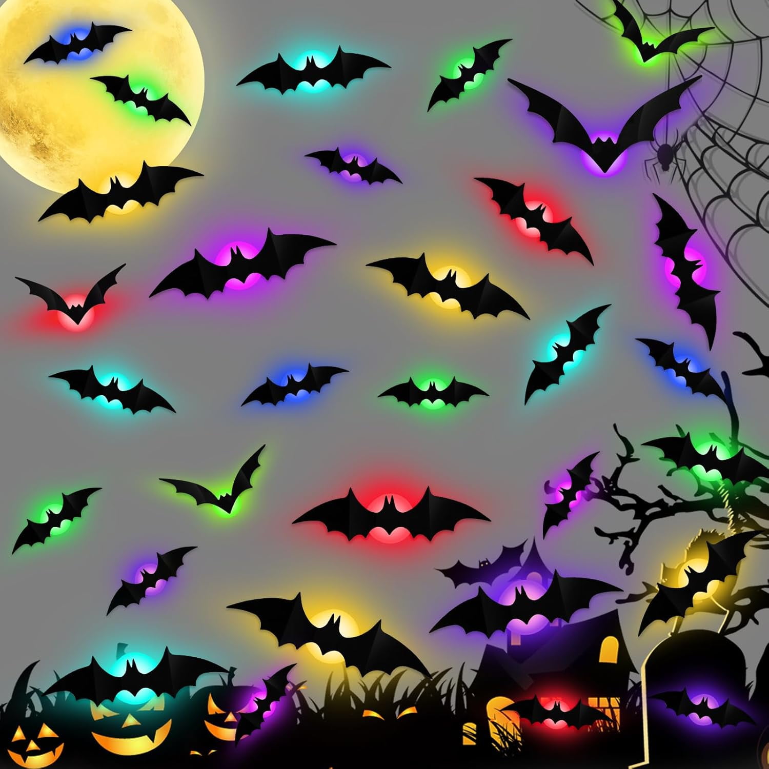 60 Pack 3D Lighted Bats Wall Decor, 3D Light Up Bats Wall Stickers for ...