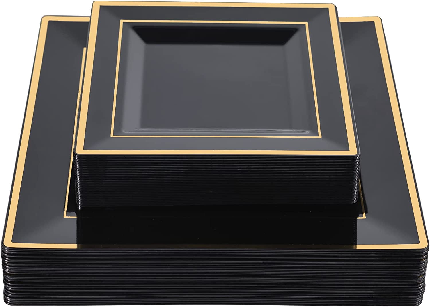 60 Pack Black Square Plastic Plates with Gold Rim Include 30 Disposable ...