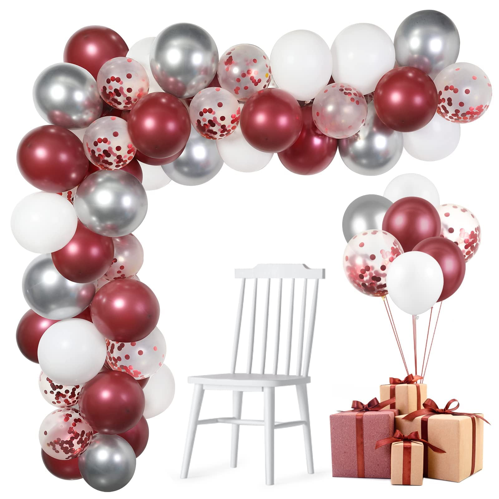 60 Pack Burgundy CORNET Red White Silver Maroon Balloons Kit, GAGAKU 12 ...