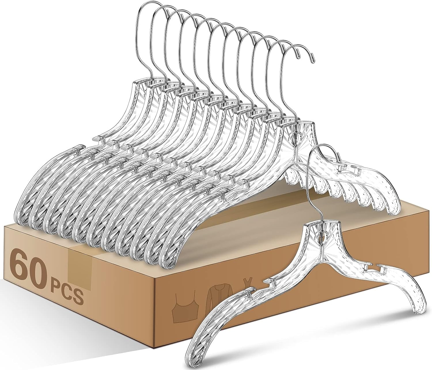 60 Pack Clear Plastic Hangers Bulk for Clothes 17" Crystal Cut Hangers ...