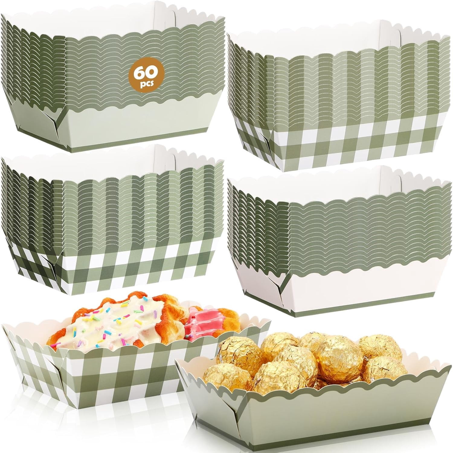 60 Pack Sage Green Gingham Disposable Food Trays, Plaid Scalloped Paper ...