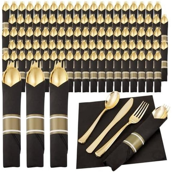 60 Pack Gold Silverware, Rolled, Pre Wrapped with Black Napkins, Heavy ...