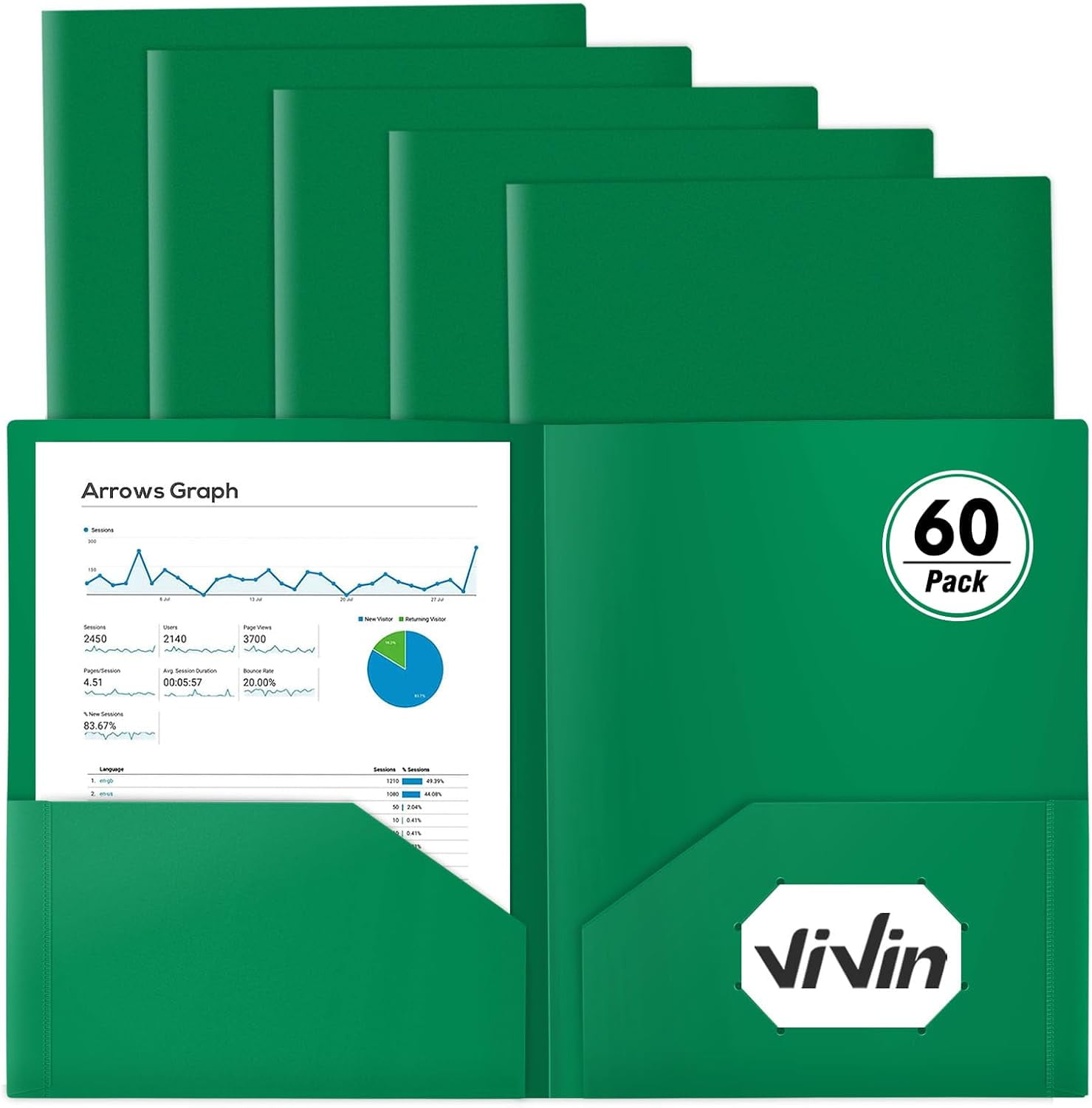60-Pack Green Letter-Size 2-Pocket Plastic Folders with Top 1/3 Cut ...