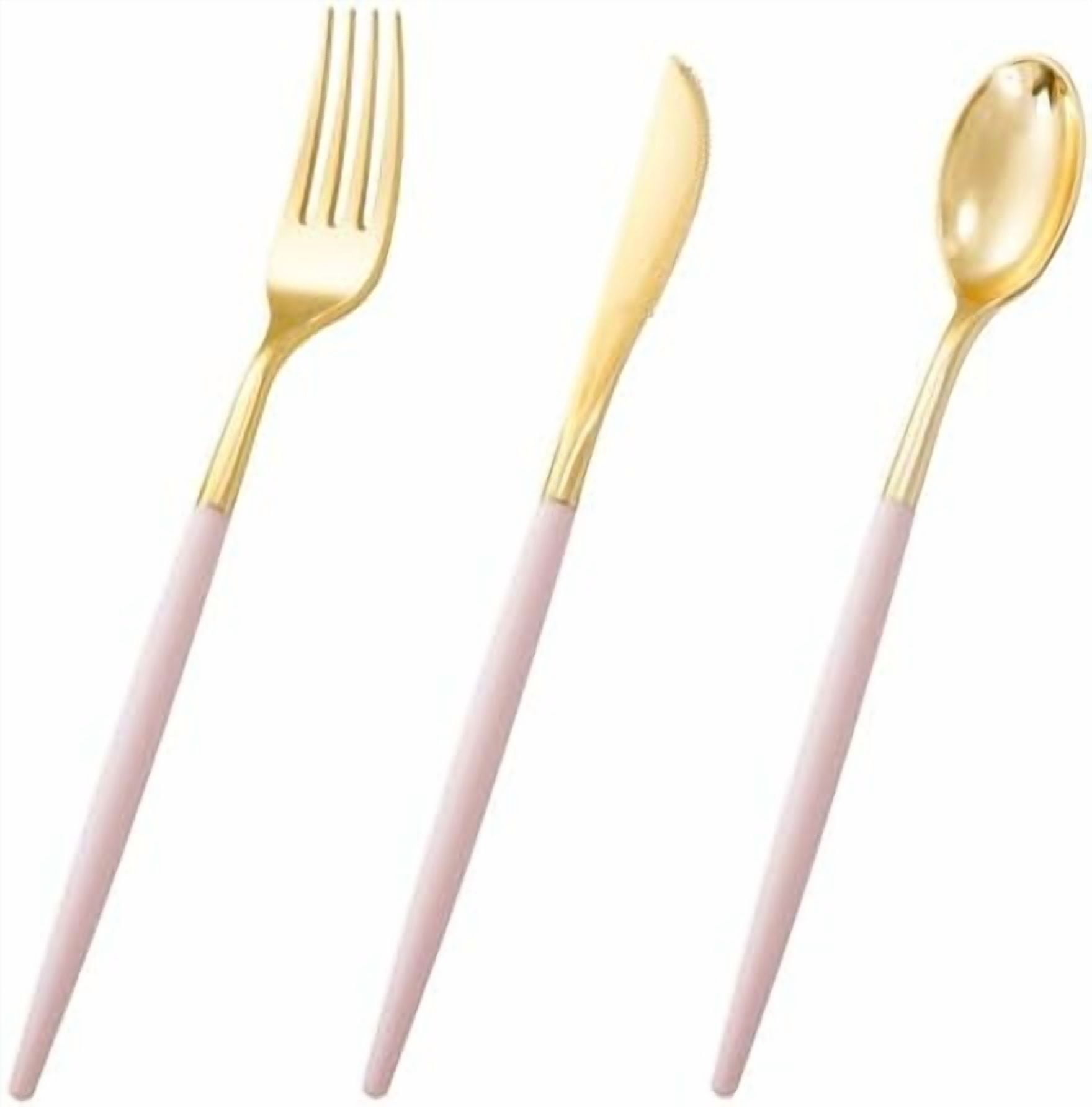 60 Pack Pink Plastic Silverware,Gold Disposable Flatware with Pink ...