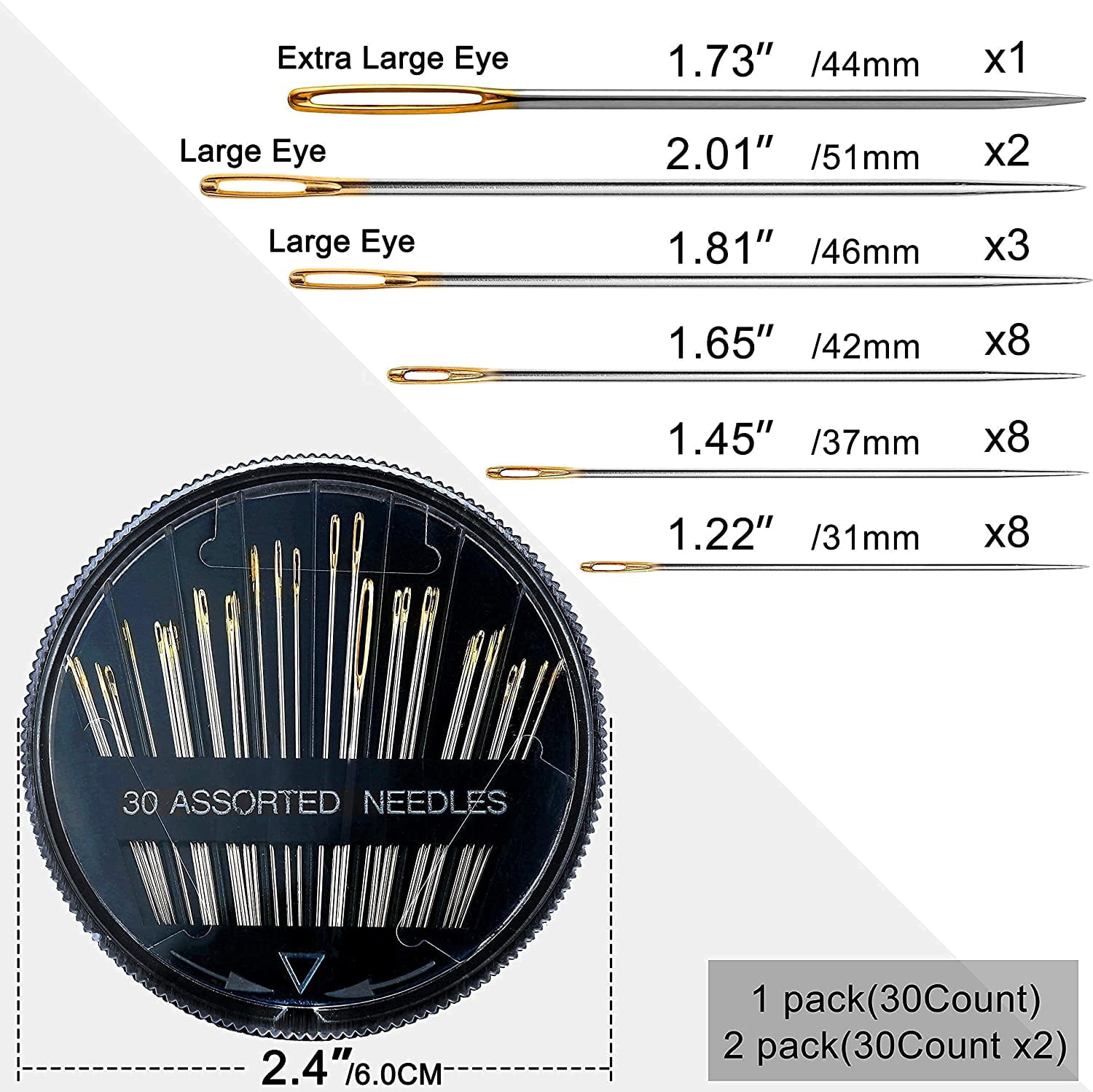60 Pack, Premium Sewing Needles for Handsewing, Assorted Sizes, 6 Sizes ...